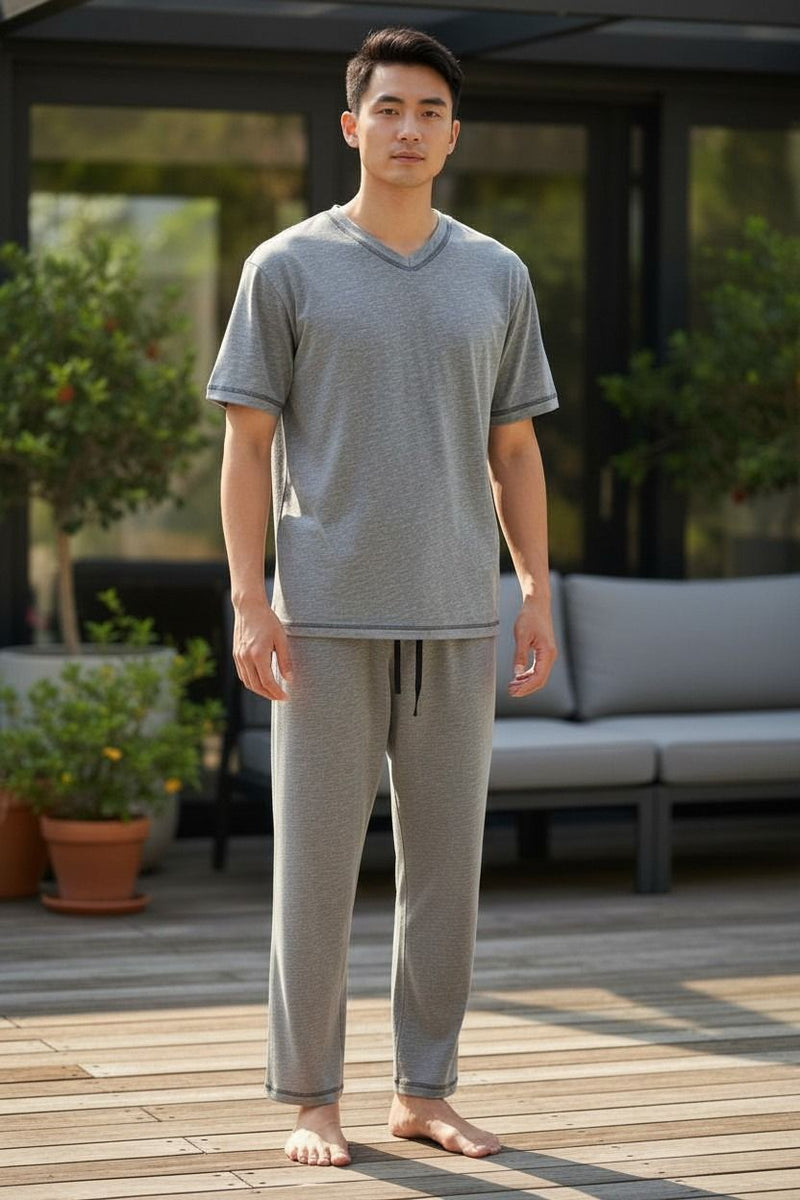 Conjunto Pijama Hombre Cuello V Gris Manga Corta – Maskki